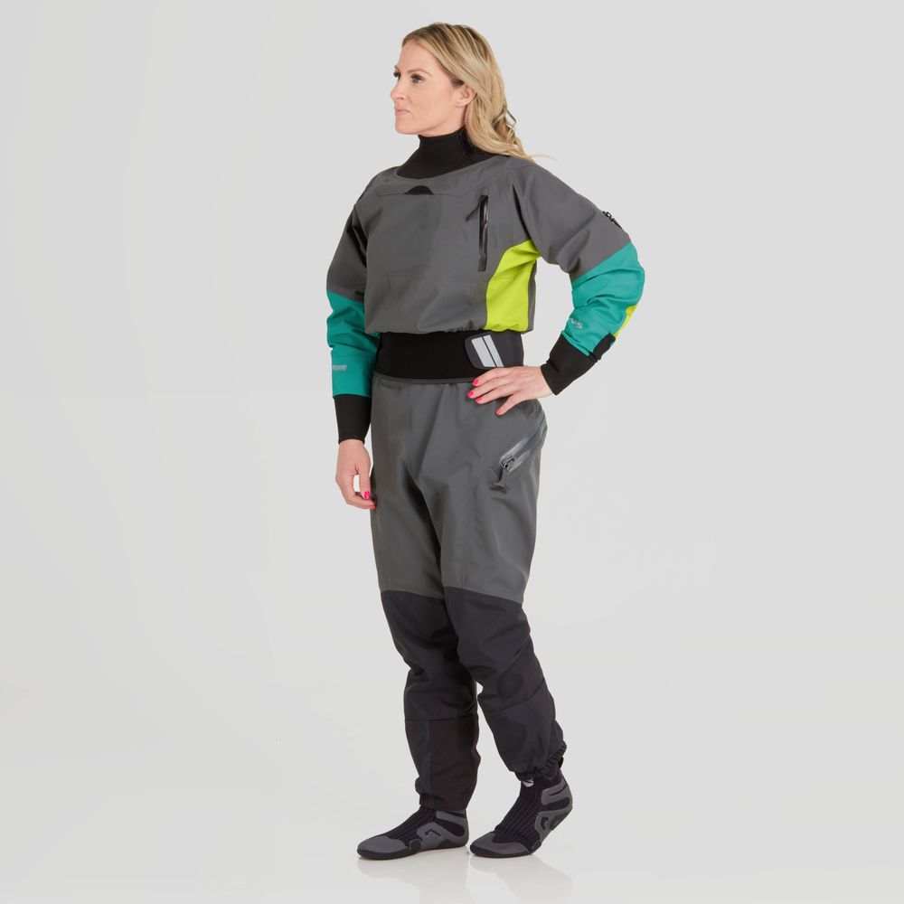 NRS Womens Pivot Back Entry Drysuit Jade/Lime | Robin Hood Watersports